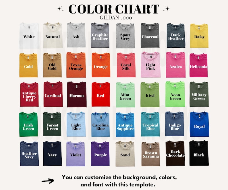 EDITABLE Gildan 5000 Color Chart, Color Swatch Flat Lay Color Guide ...