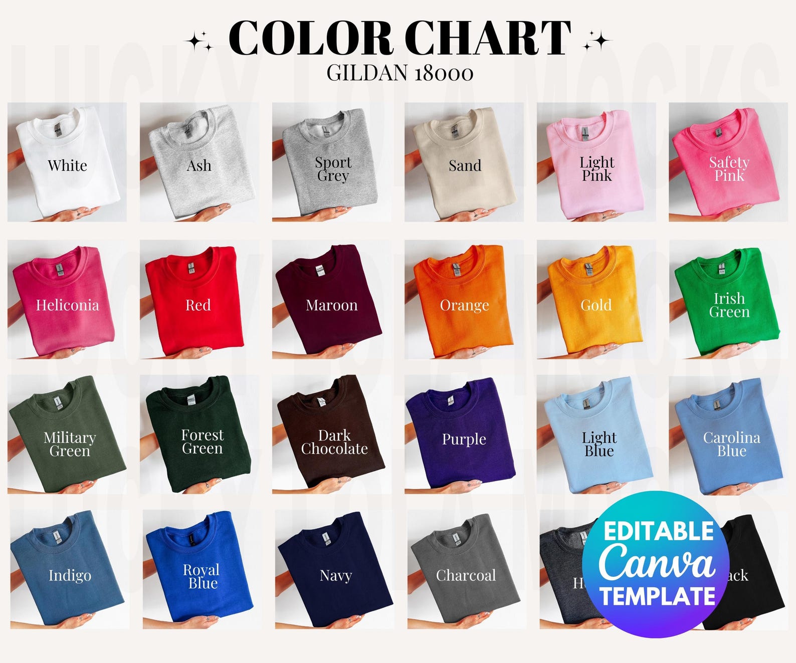 Editable Gildan 18000 Color Chart, Gildan Sweatshirt Color Chart, 18000 ...