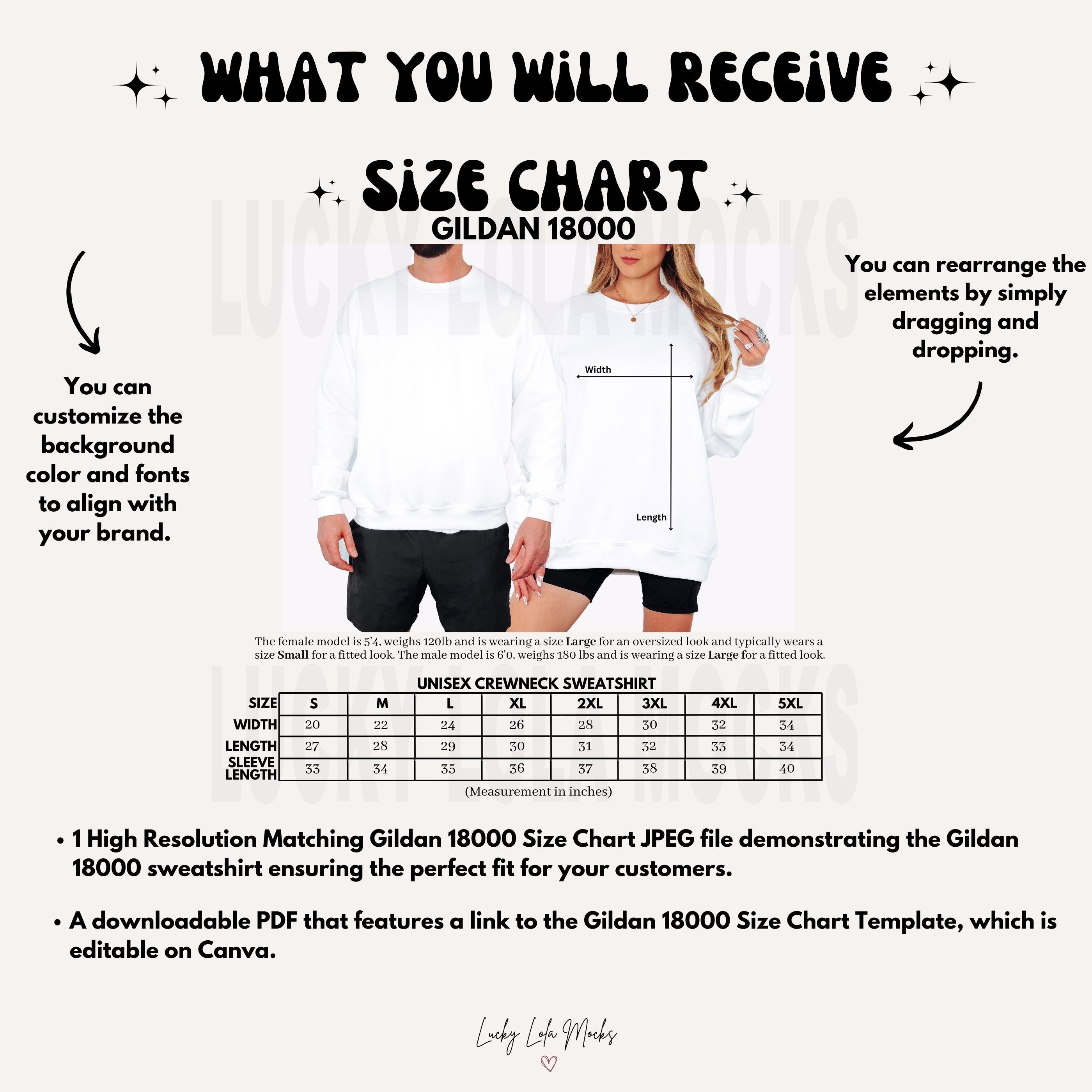 EDITABLE Gildan 18000 Size Chart, Gildan Sweatshirt Size Chart, Size ...