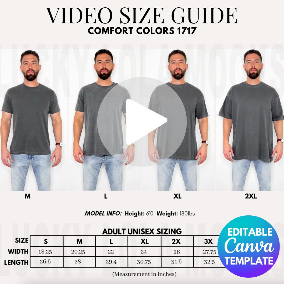 Editable Comfort Colors 1717 Video Mockup, 1717 Video Mockup Size Chart ...
