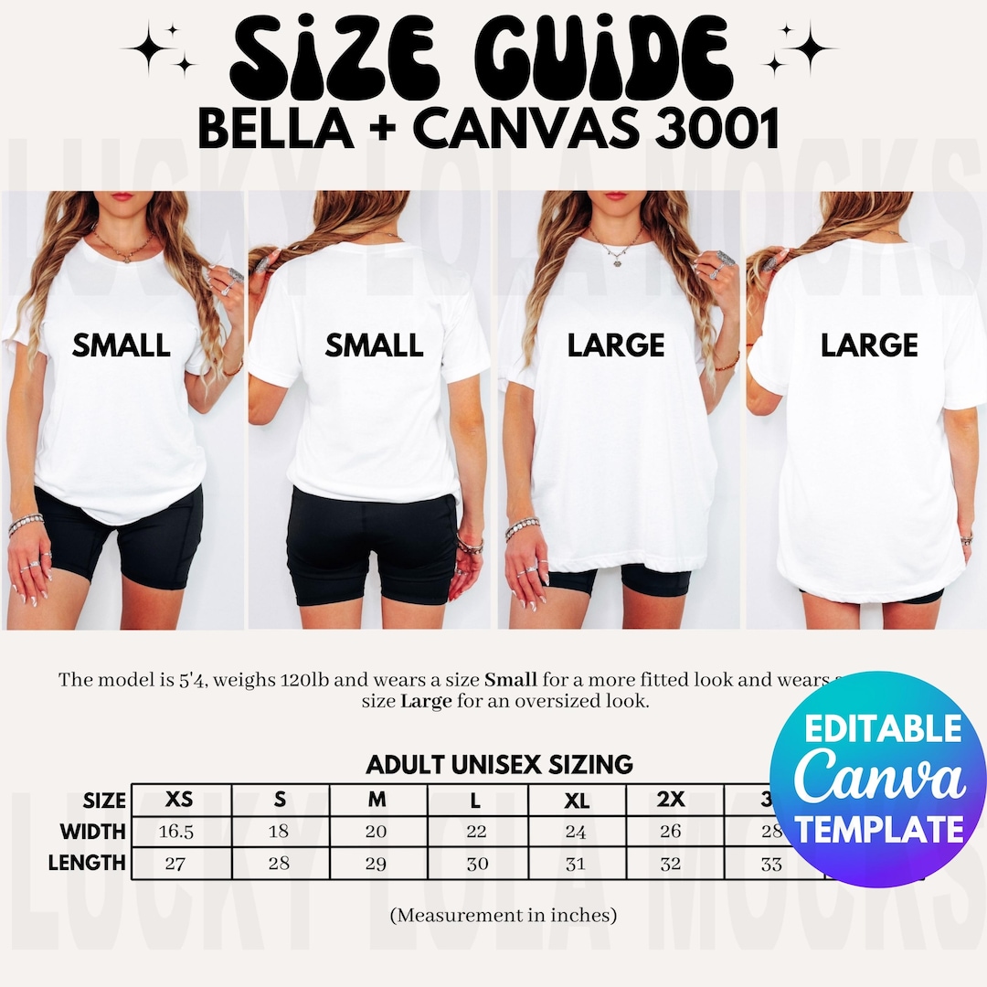 Editable Bella Canvas 3001 Size Chart, Oversized Size Chart, Size Guide ...