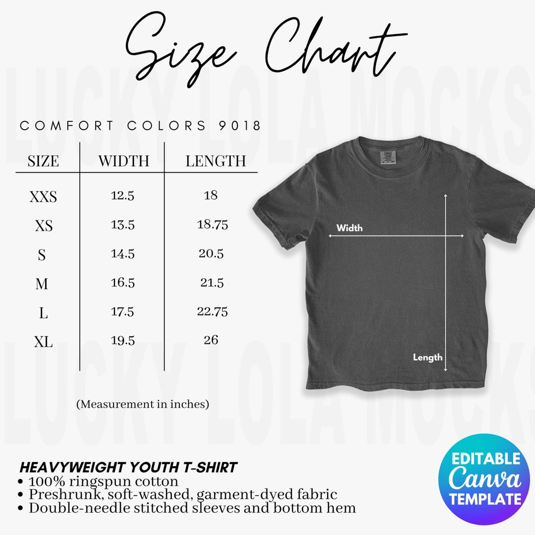 Editable 9018 Comfort Colors Size Chart, 9018 Size Chart Editable, 9018 ...