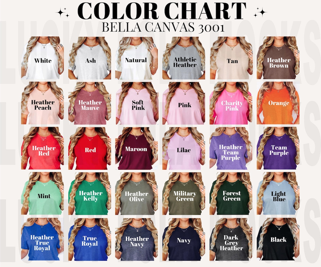 Bella Canvas 3001 Color Chart, Bella Canvas Color Chart, 3001 Model ...