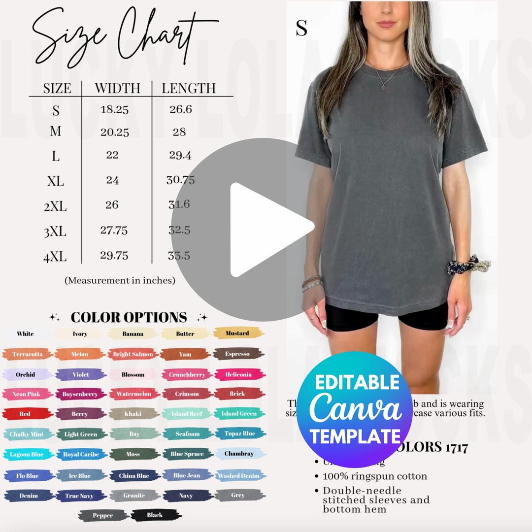 Editable Color and Size Chart 1717 Video Mockup, Editable Comfort ...