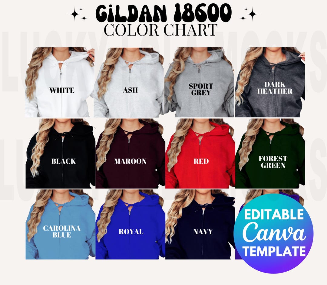 Editable Gildan 18600 Color Chart, 18600 Mockup, Gildan Zip Hoodie ...