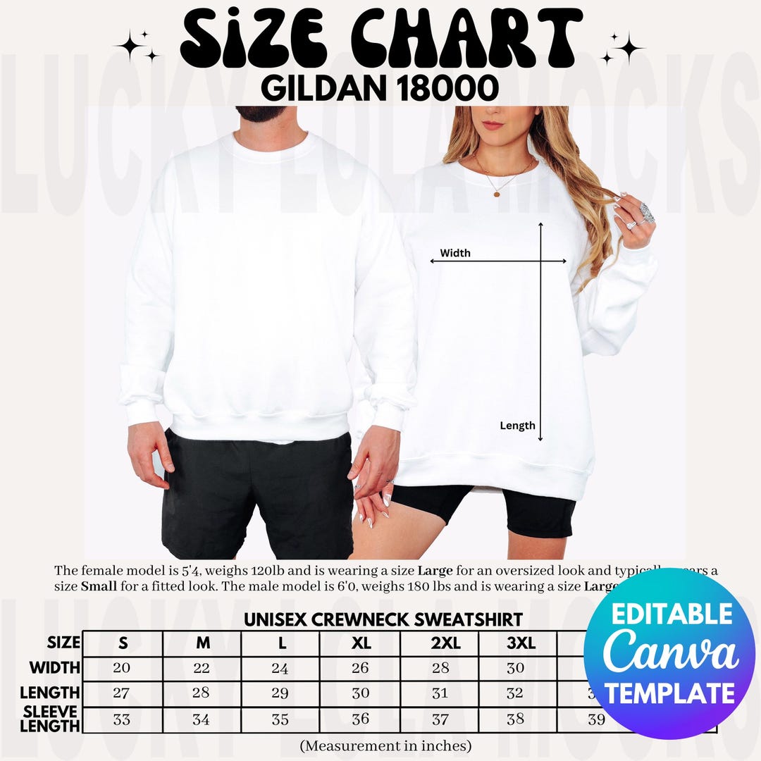 EDITABLE Gildan 18000 Size Chart, Gildan Sweatshirt Size Chart, Size ...