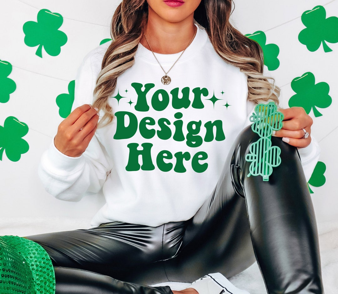 Gildan 18000 White Sweatshirt Mockup, St Patricks Day Mockup, Model ...