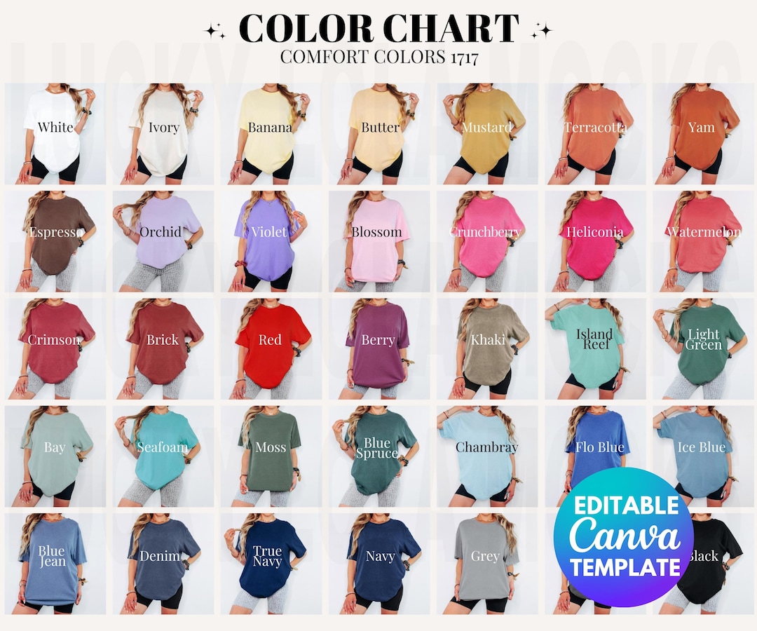 Editable Comfort Colors 1717 Color Chart, Comfort Colors Model, C1717 ...