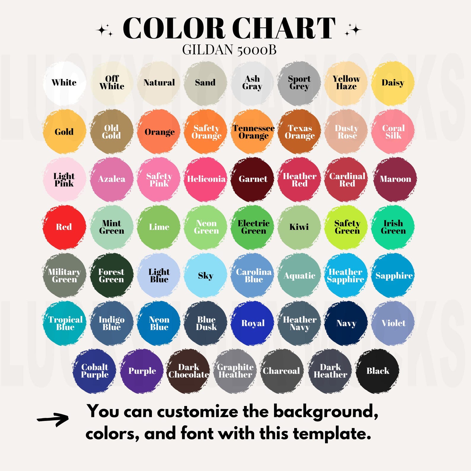 Editable Gildan 5000b Color Chart, Gildan 5000b Color Guide, Gildan ...