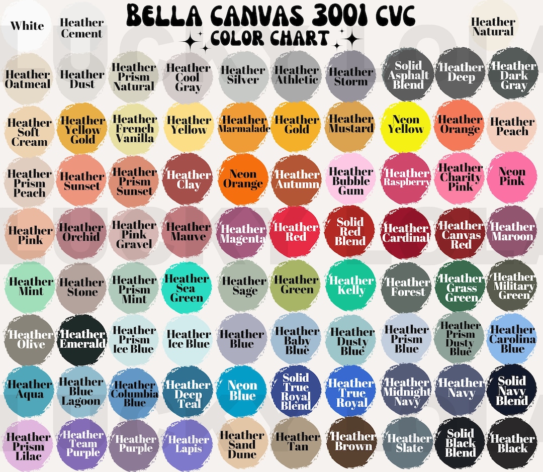 Bella Canvas 3001 CVC Color Chart, Bella Canvas Color Chart, Bella ...