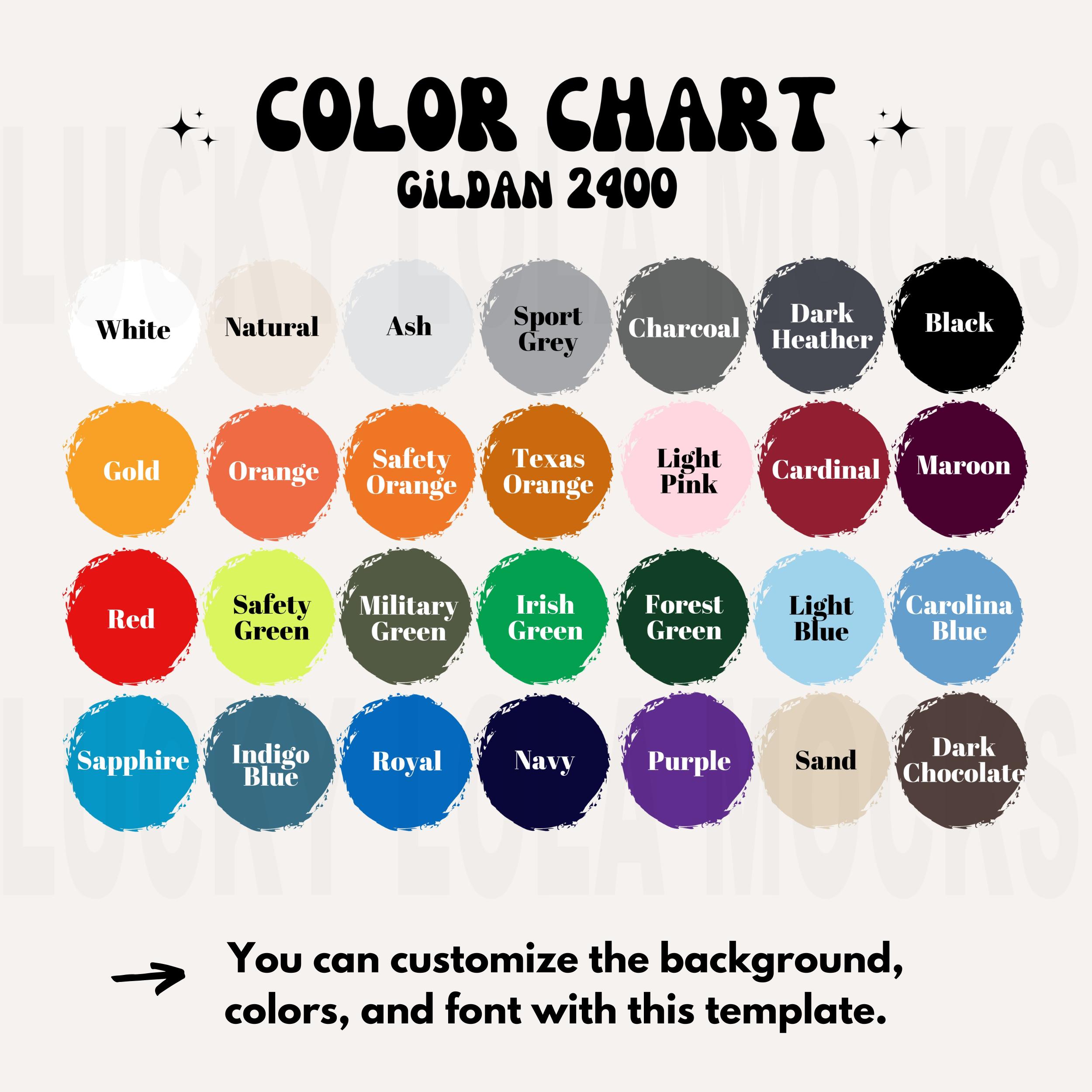 Editable Gildan 2400 Color Chart, Gildan 2400 Mockup, Gildan Long ...