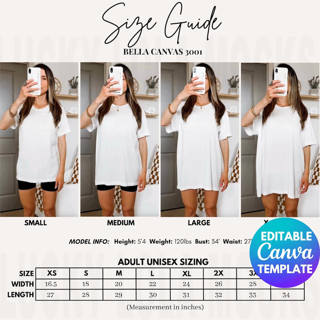 Editable Bella Canvas 3001 Size Chart, Oversized Size Chart, Size Guide ...