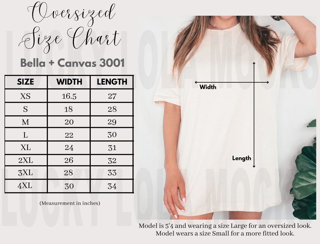 Bella Canvas 3001 Size Chart, Oversized Size Chart, Size Guide Mockup ...