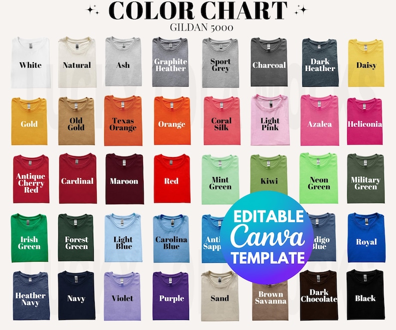 EDITABLE Gildan 5000 Color Chart, Color Swatch Flat Lay Color Guide ...