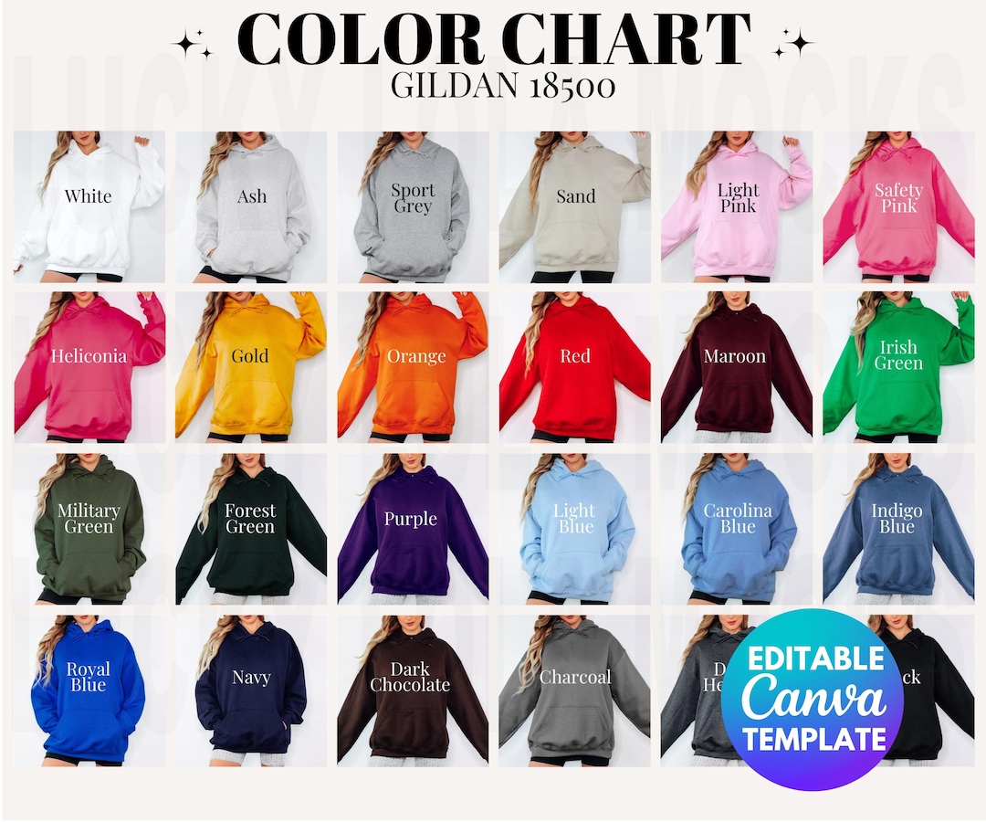 Editable Gildan 18500 Color Chart, G185 Color Chart, Gildan 18500 Color ...