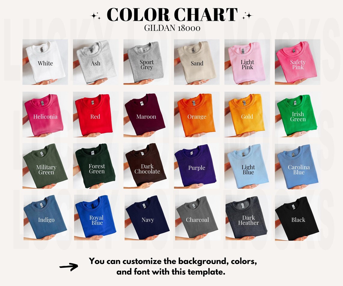 Editable Gildan 18000 Color Chart, Gildan Sweatshirt Color Chart, 18000 ...