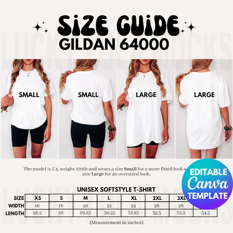 Editable Gildan 64000 Size Chart, Size Chart Mockup, Oversized Size ...