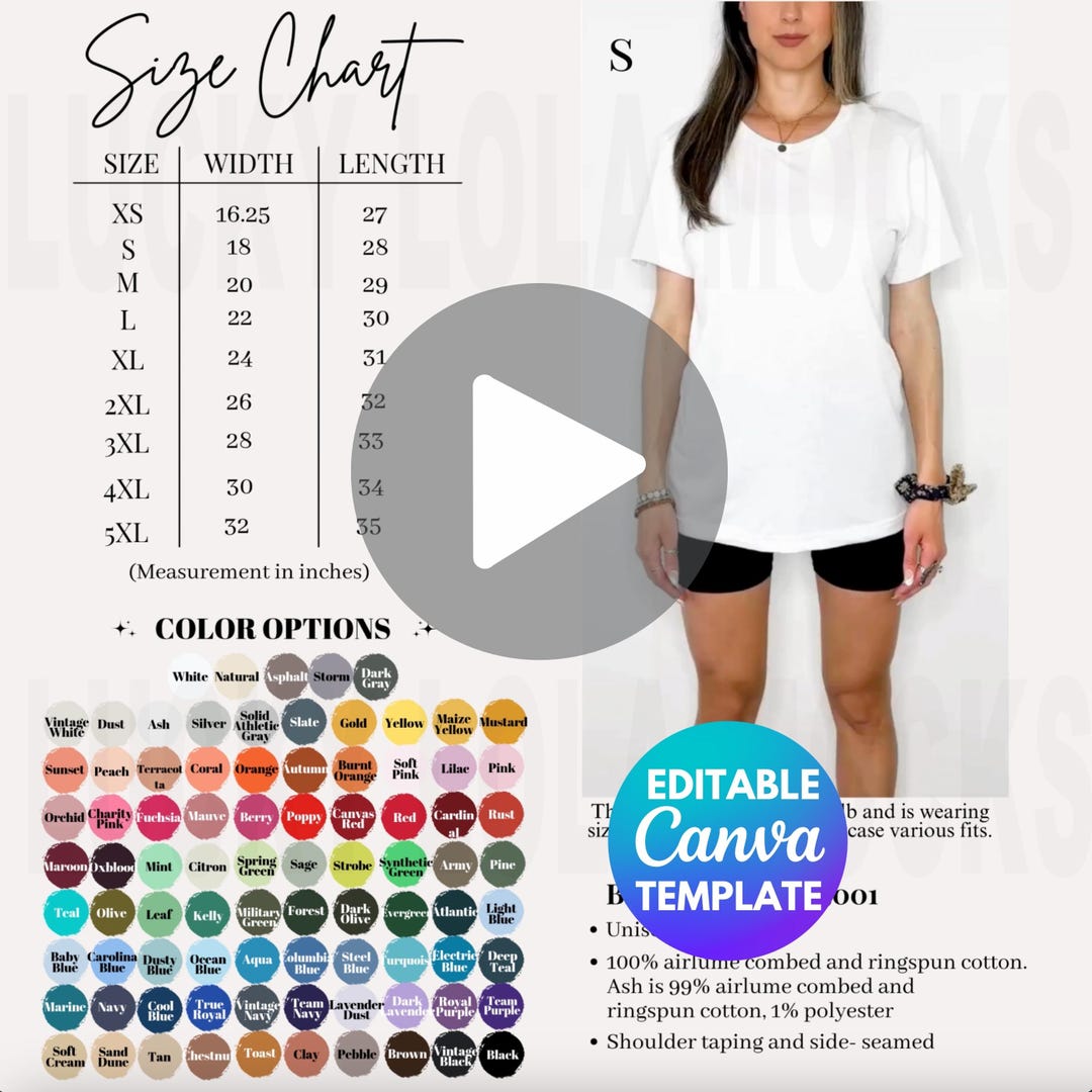 Editable Color and Size Chart 3001 Video Mockup, Editable Bella Canvas ...