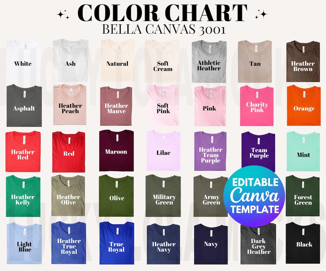 EDITABLE Bella Canvas 3001 Color Chart, Bella Canvas Color Chart ...
