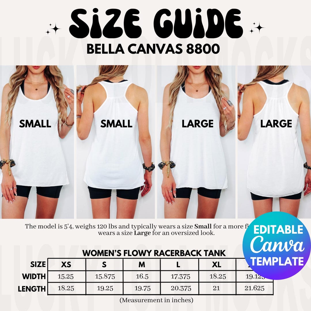 Editable Bella Canvas 8800 Size Chart, 8800 Mockup, Tank Top Size Chart Mockup, Tank Top Size ...