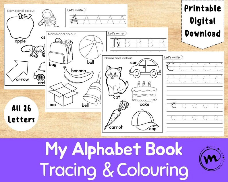 Printable Alphabet Book: Letters A to Z Tracing and Colouring for ...