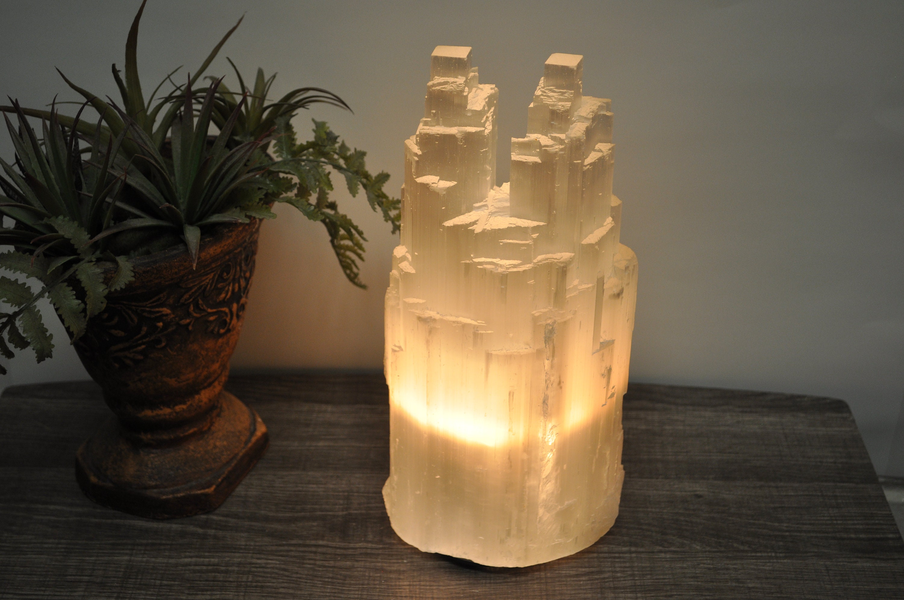 Selenite Crystal Skyscraper Twin Tower Lamp, Electric Cord and Bulb ...