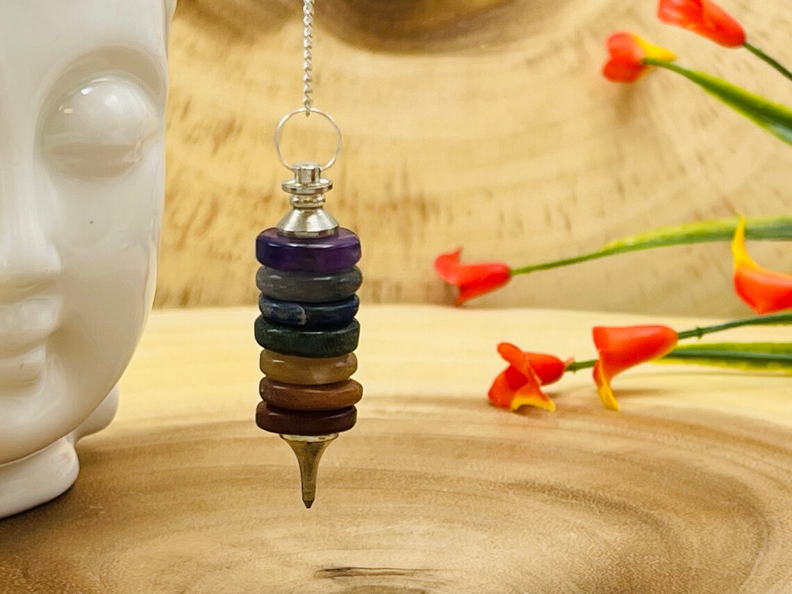 7 Chakra Disk Pendulum With Silver Plated Chain Polish Stone - Etsy