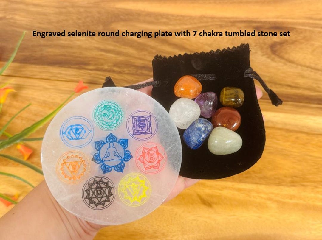 Chakra Engraved Selenite Charging Station Plate With 7 Chakra Tumbled ...