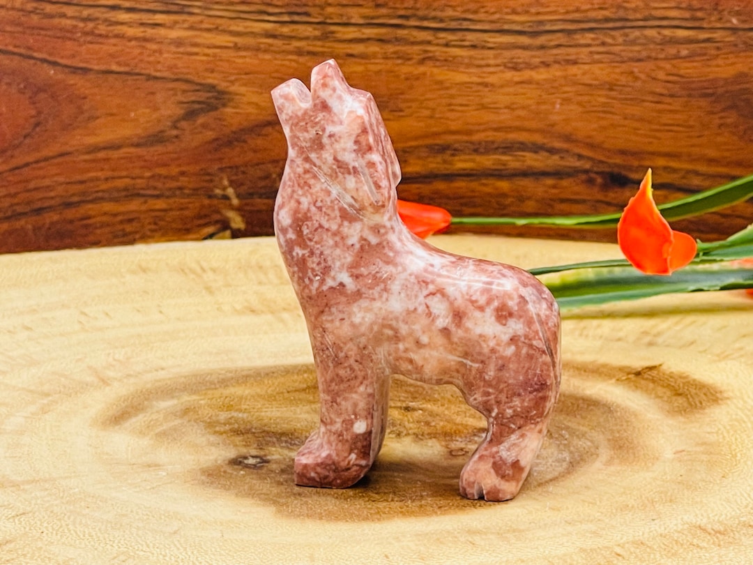Strawberry Pink Onyx Howling Wolf Figurine, Crystal Carving Standing ...