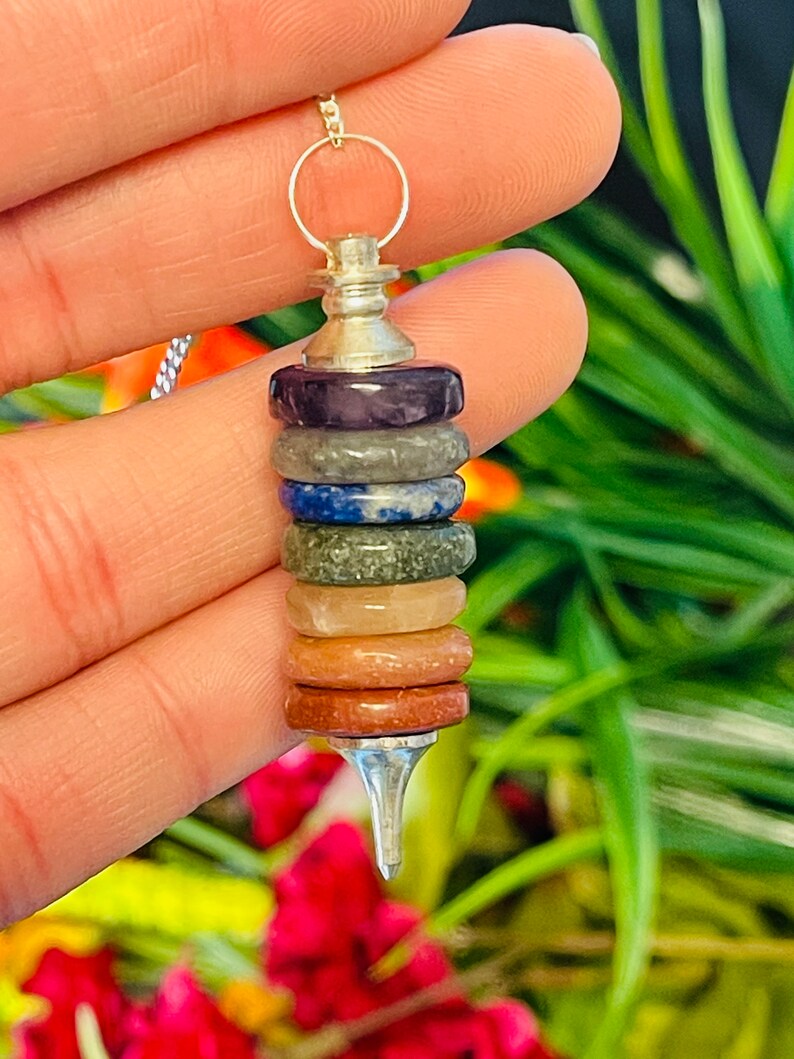 7 Chakra Disk Pendulum With Silver Plated Chain Polish Stone - Etsy