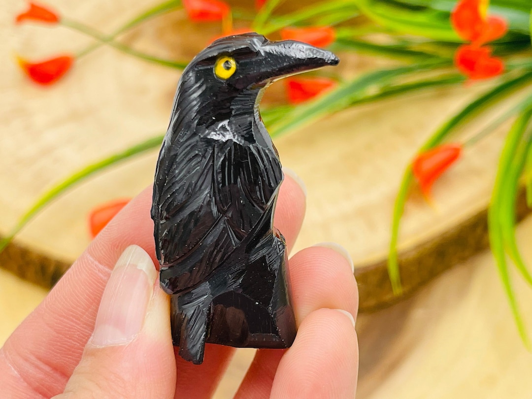 Black Onyx Raven Figurine Crystal Animal Bird Carving Standing Crow ...