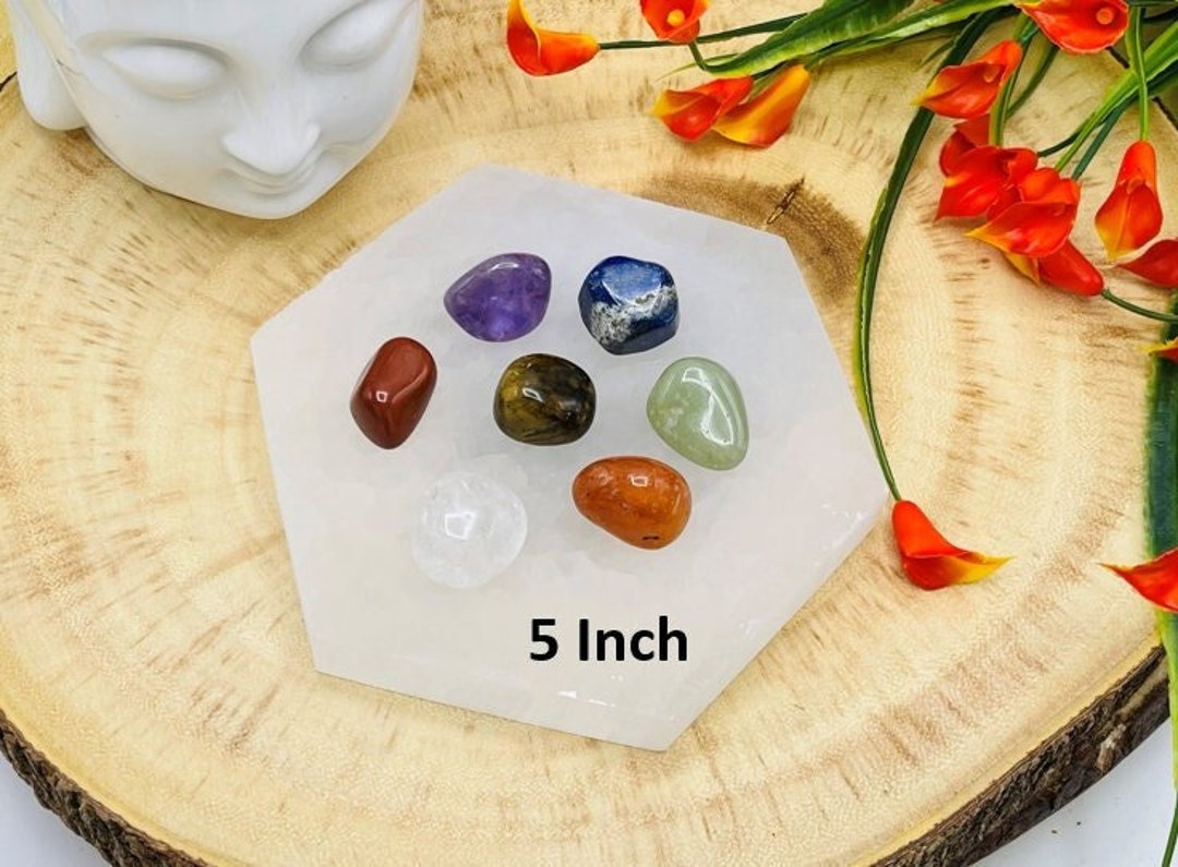 Polished Selenite Crystal Charging Station With 7 Chakra Tumbled Rock ...
