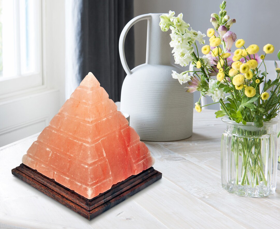 Himalayan Pink Salt Step Pyramid Lamp, Authentic, Wooden Base, Electric ...