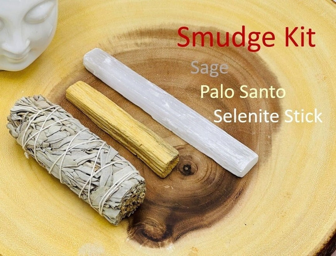 Set of White Sage Smudge Bundle, Palo Santo Wood and Selenite Stick ...