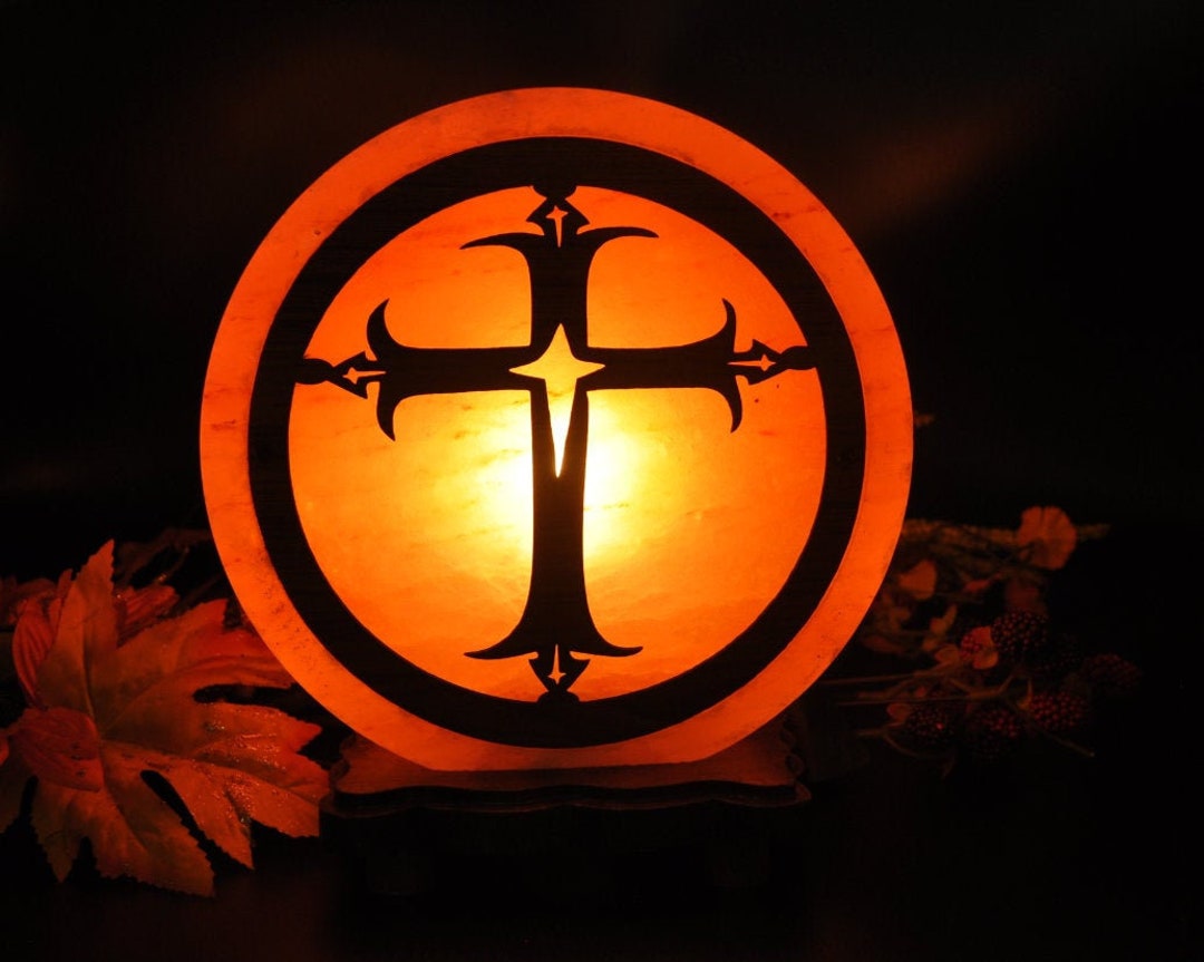 Himalayan Pink Salt Lamp, Cross Sign Carved on Wood Sheet, Electric ...