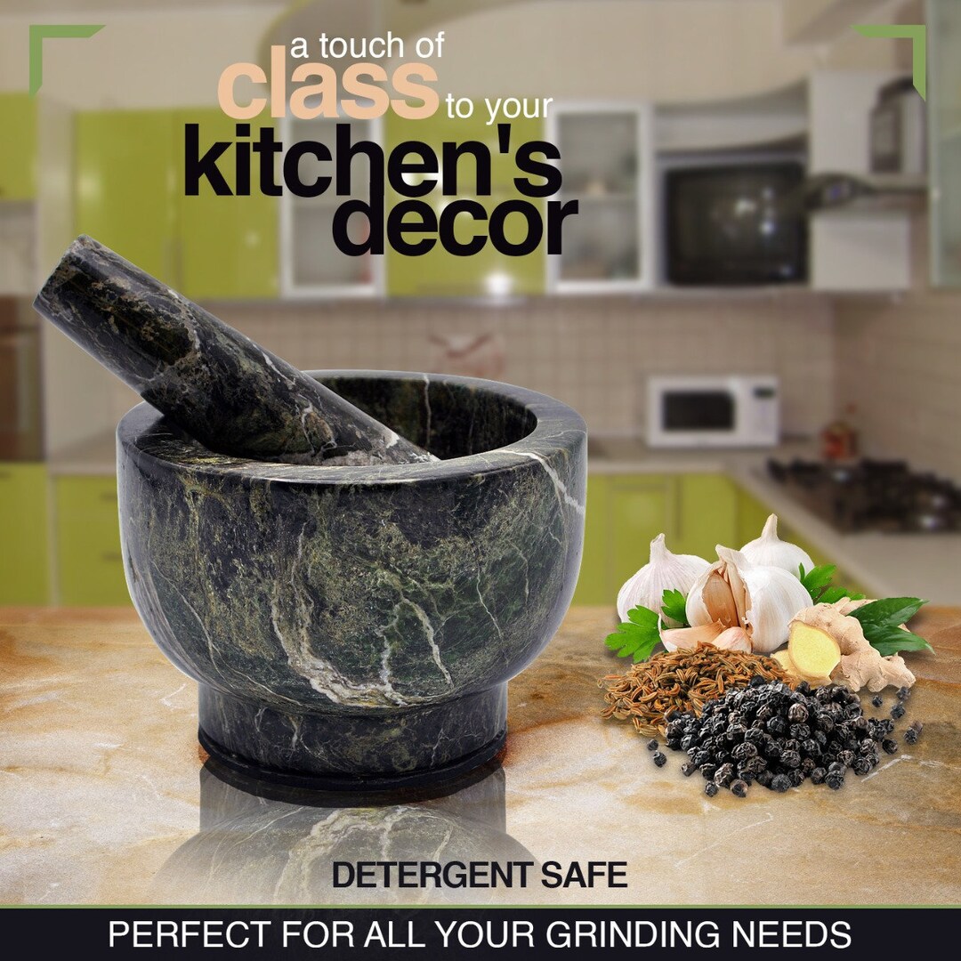 Green and White Marble Mortar & Pestle Set With Anti Scratch Pad ...