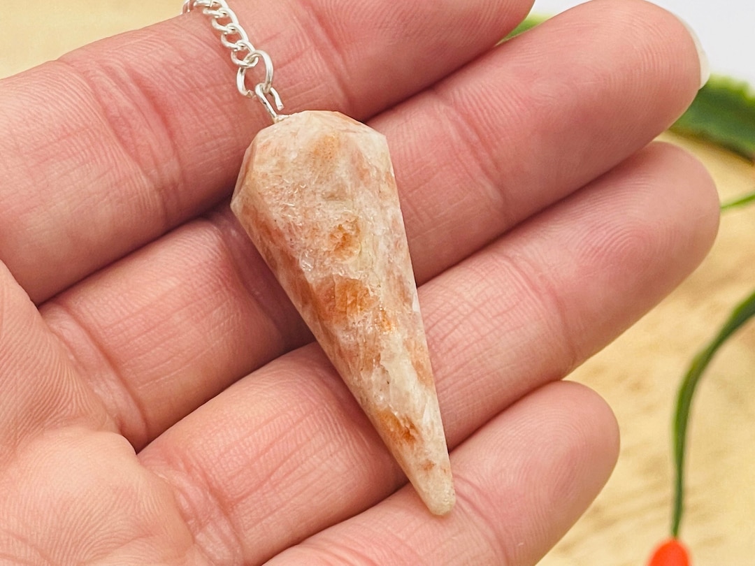 Sunstone Crystal Pendulum With Silver Plated Faceted Chain, Healing Dowsing Energy Balancing ...