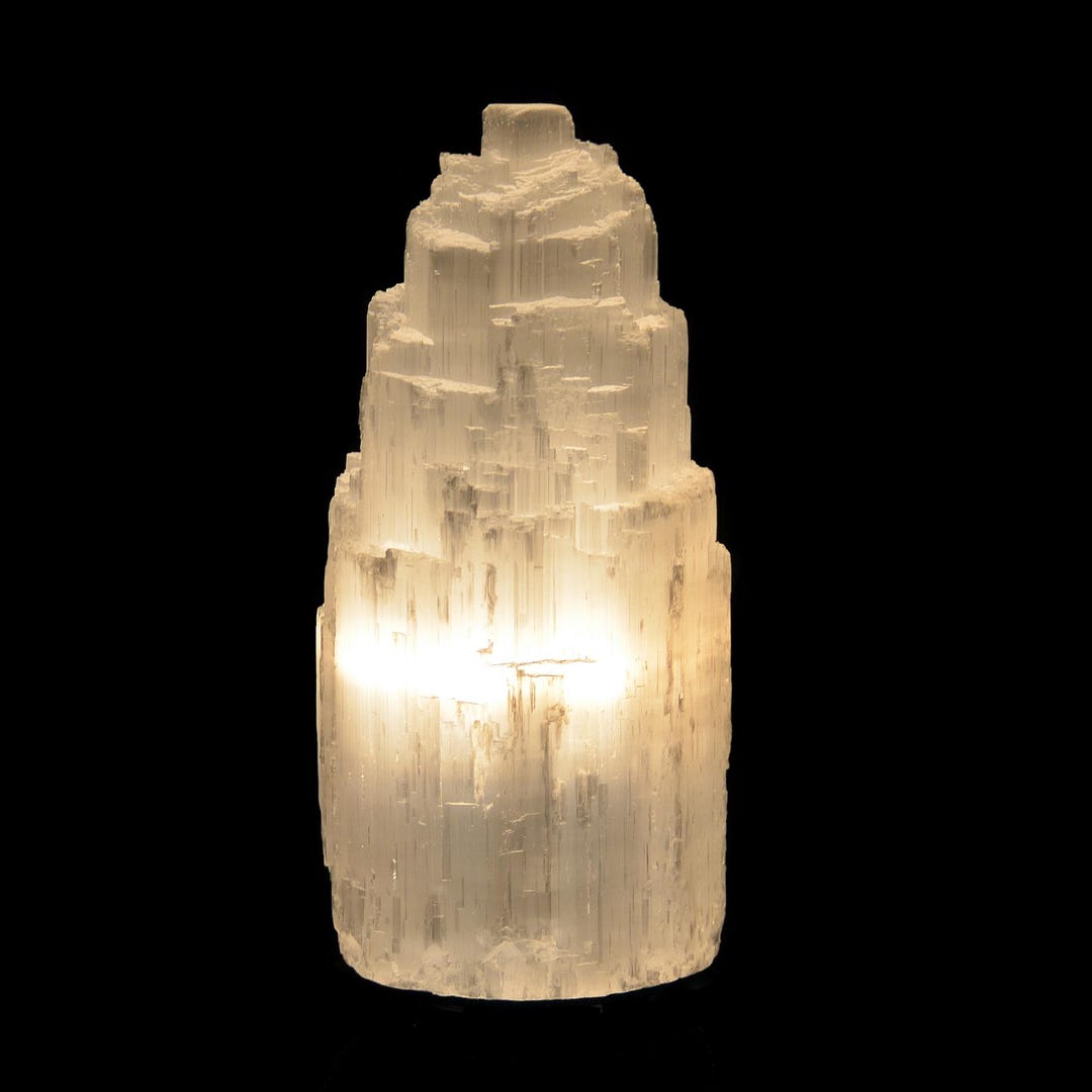 Selenite Crystal Skyscraper Tower Lamp, Electric Cord & Bulb, 8 Inch ...