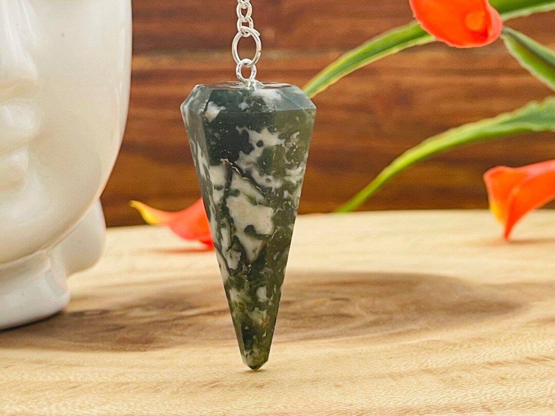 Moss Agate Crystal Pendulum With Silver Plated Faceted Chain, Healing ...
