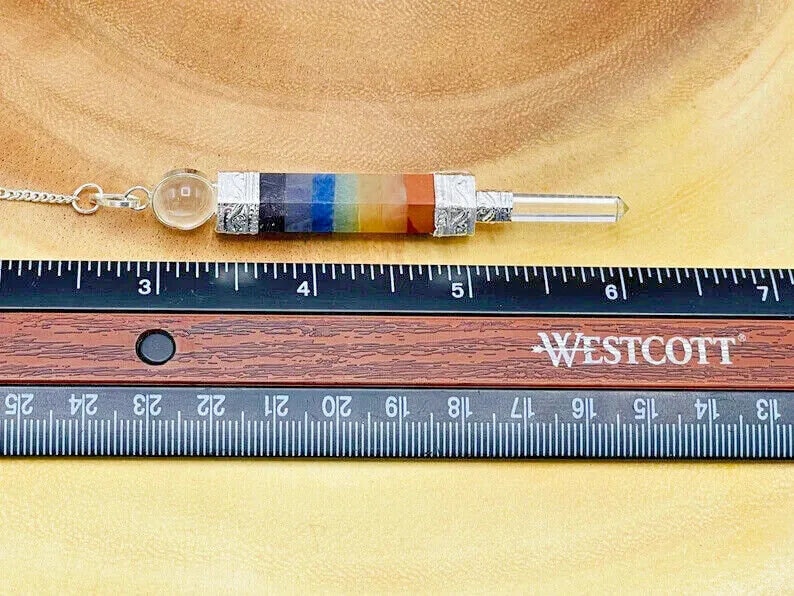 7 Chakra Bonded Pencil Pendulum With Silver Plated Faceted Chain ...