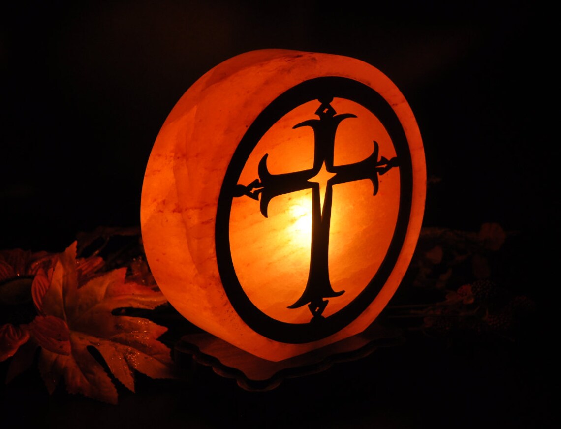 Himalayan Pink Salt Lamp, Cross Sign Carved on Wood Sheet, Electric ...