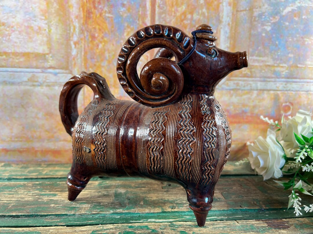 Vintage Majolica Ram Pitcher – Glazed Pottery – Folk Art Barbotine ...