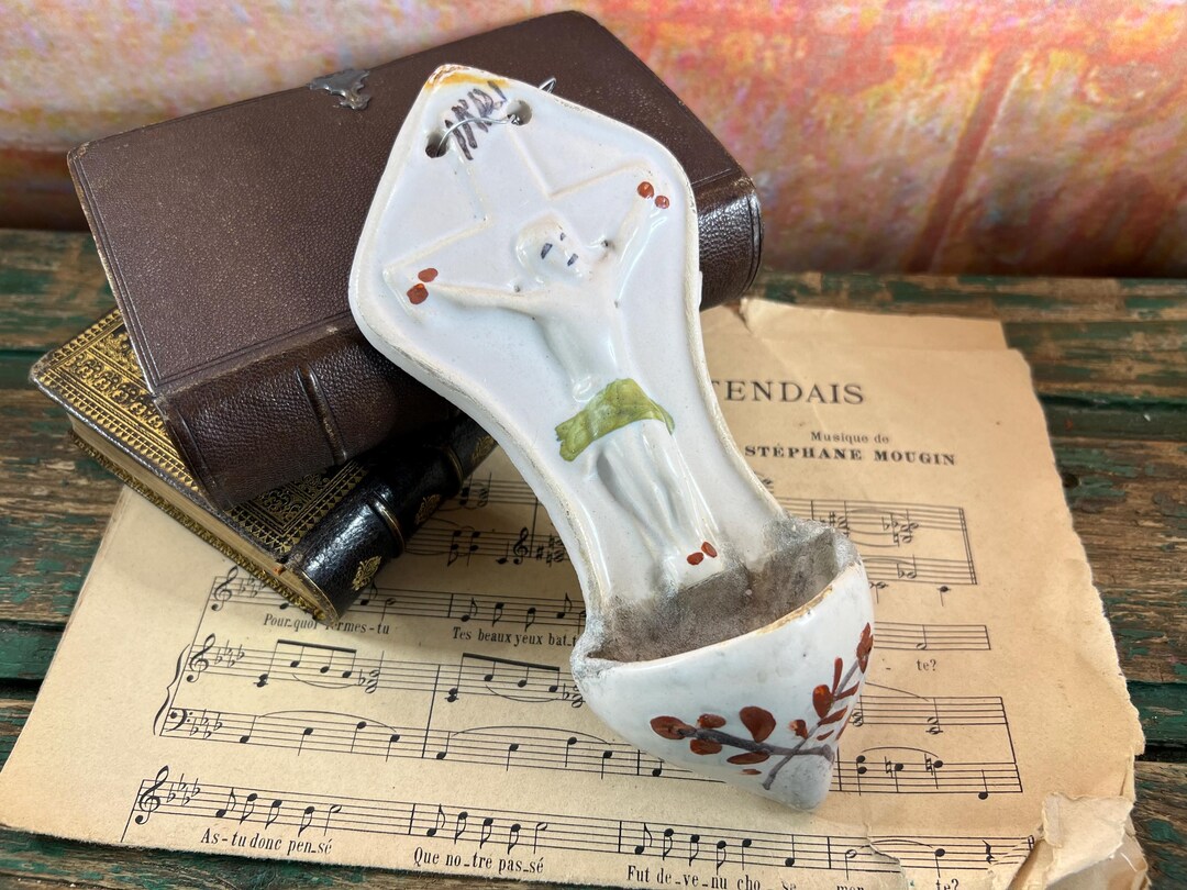 19th Century Faience Holy Water Font With Christ on the Cross and "inri ...