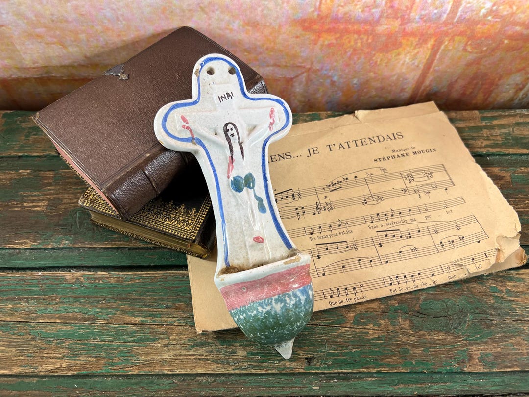 19th Century Faience Holy Water Font With Christ on the Cross and "inri ...
