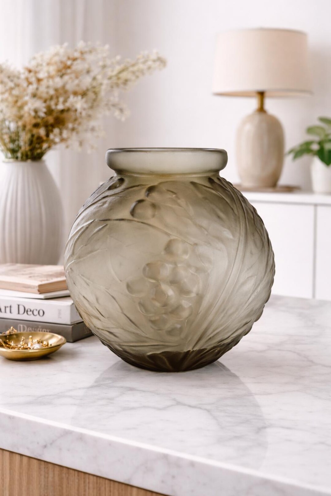 Large French Art Deco Glass Vase Signed Etaleune Paris 1920s Pressed ...