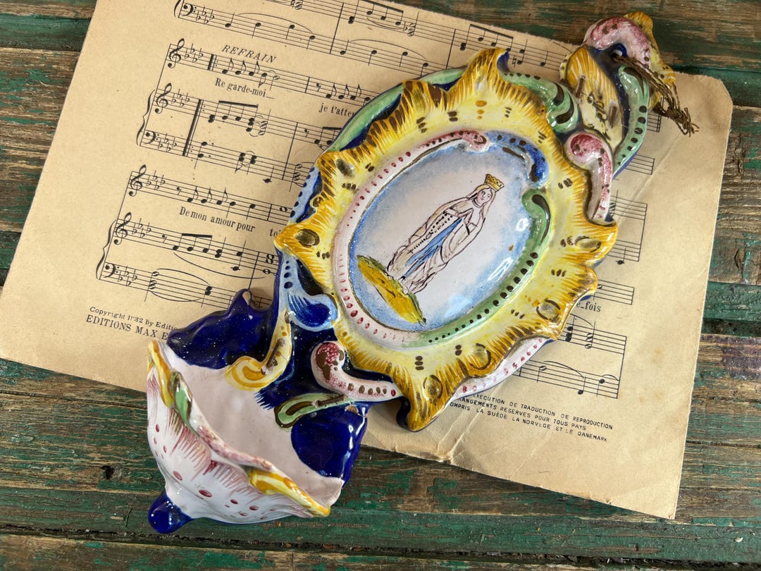 Antique Desvres Holy Water Font – French Hand-painted Faience, Virgin ...