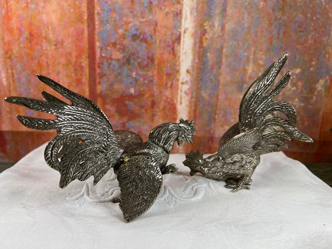 2 French Vintage Silver Fighting Cockerels, Ornate Table Decoration ...