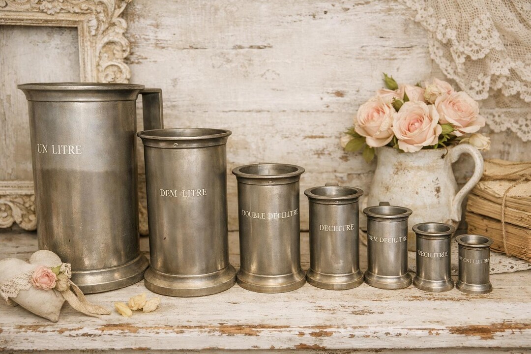 Antique French Pewter Measuring Cups Set – Metric Measures – Rustic ...