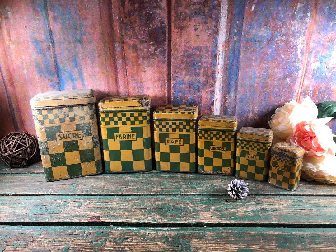 6 French Tin Nesting Canisters Kitchen Box Lustucru, Enamel Spice Pots ...
