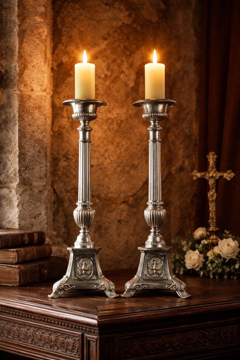 Pair of Gothic Church Candlesticks – 19th Century French Silvered Metal ...